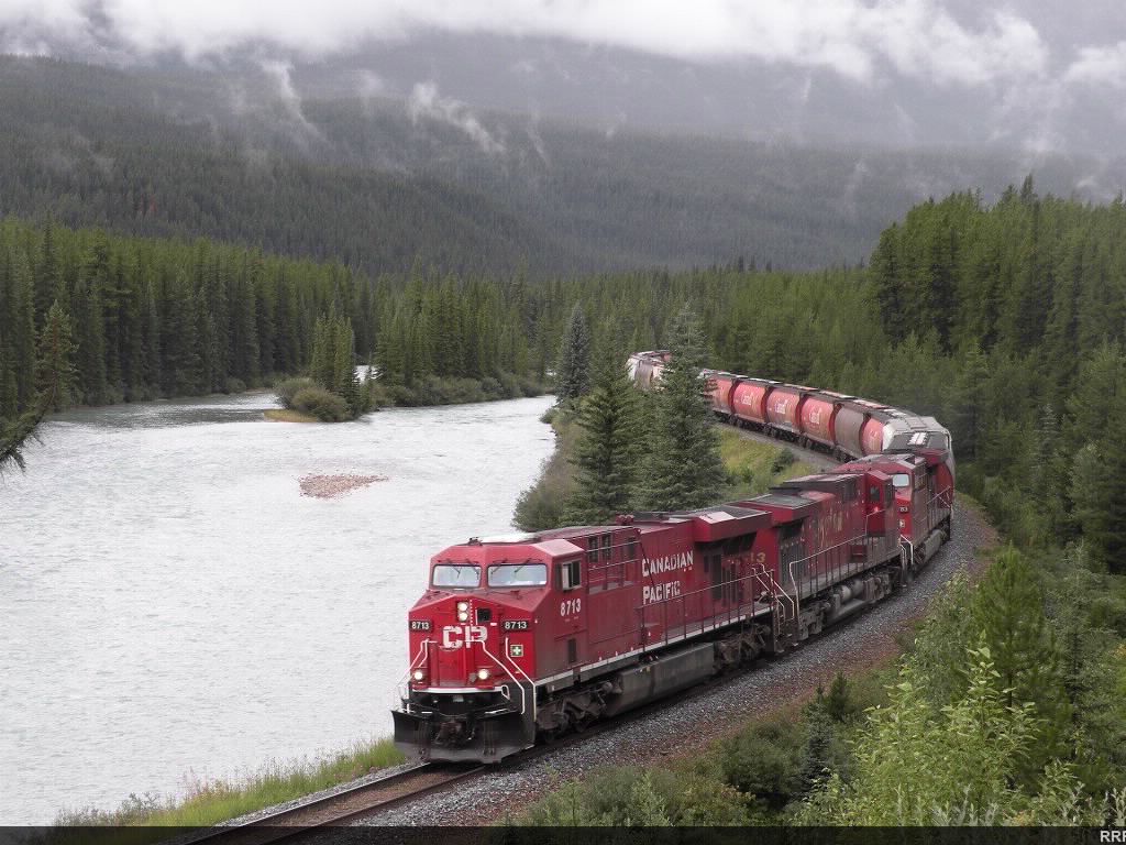 Eastbound CP grain train negotiating the famed Morant's Curve.
